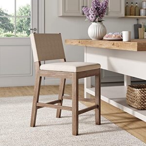 linus modern upholstered counter height bar stool with back and solid rubberwood legs in a wire-brushed grey finish, natural flax/brown