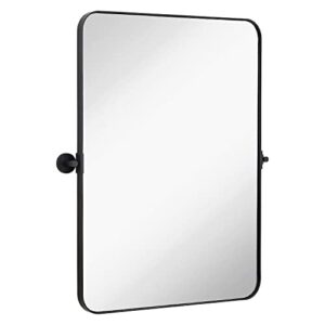 hamilton hills 22×30 inch brushed black metal framed mirror | pivot mirrors for bathrooms | rounded corner rectangular frame with tilt mirror brackets | adjustable & tilting farmhouse wall vanity