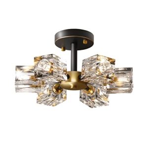 OKES Semi Flush Mount Ceiling Light,13inch Modern Black and Gold Crystal Chandeliers,6-Lights Industrial Sputnik Chandeliers for Bedroom,Kitchen,Hallway,brthroom,entryway,Dining Room