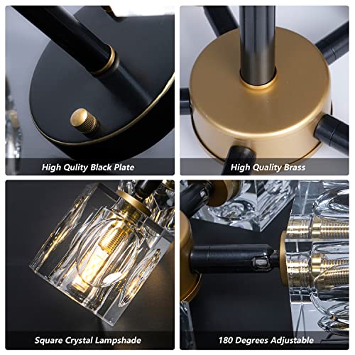 OKES Semi Flush Mount Ceiling Light,13inch Modern Black and Gold Crystal Chandeliers,6-Lights Industrial Sputnik Chandeliers for Bedroom,Kitchen,Hallway,brthroom,entryway,Dining Room