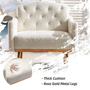 Luccalily Accent PU/Velvet Armchair,Upholstered Leisure Accent Living Room Chair, Comfy Armchair with Rose Golden Metal Legs,Mid-Century Modern Velvet Single Sofa Chair, White Teddy