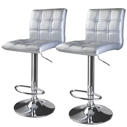 koonlert14 Contemporary Bar Stools Hight Adjustable Seat Hydraulic 360 Degree Swivel Sturdy Steel Frame Quadrate cushion Seat Dining Chair Bar Pub Stool Home Office Furniture - Set of 2 Silver #1935