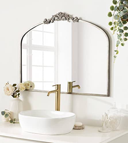 Kate and Laurel Arendahl Ornate Traditional Arched Mirror, 36 x 29, Silver, Decorative Baroque Style Arched Wall Mirror with Wide Frame and Ornamental Crown