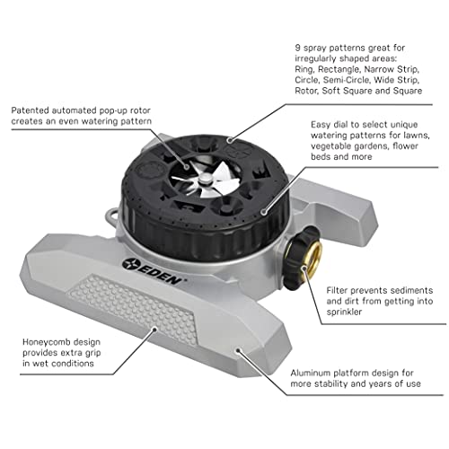 Eden 94128 9-Pattern Turret Lawn Sprinkler W/Quick Connect Starter Set, Heavy Duty Metal Base