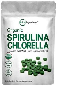 organic chlorella spirulina tablets, 3000mg per serving, 720 counts, 4 months supply, 50/50 blend superfood, no filler, no additives, cracked cell wall, rich in vegan protein & chlorophyll