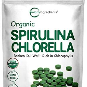 Organic Chlorella Spirulina Tablets, 3000mg Per Serving, 720 Counts, 4 Months Supply, 50/50 Blend Superfood, No Filler, No Additives, Cracked Cell Wall, Rich in Vegan Protein & Chlorophyll