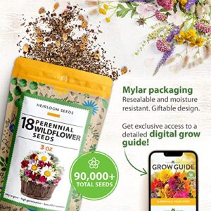 90,000 Wildflower Seeds - 3oz Pure Wild Flower Seed Pack - 18 Variety - Perennial Flower Seeds for Attracting Birds & Butterflies - Open Pollinated, Flower Garden Seeds for Planting Outdoors