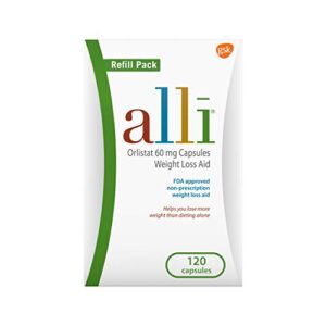 alli weight loss diet pills, orlistat 60 mg capsules, non prescription weight loss aid, 120 count refill pack