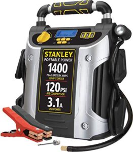 stanley j7c09d digital portable power station jump starter: 1400/700 instant amps, 120 psi air compressor, 3.1a usb ports, battery clamps