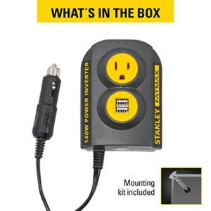 STANLEY FATMAX PCI140 140W Power Inverter: 12V DC to 120V AC Power Outlet with Dual USB Ports