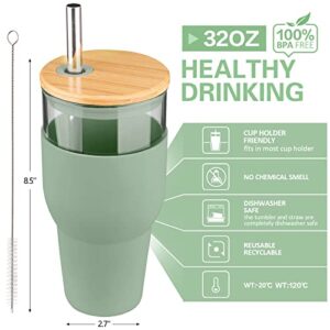 kytffu 32oz Glass Tumbler with Straw and Lid, Reusable Boba Smoothie Cup Iced Coffee Tumbler with Silicone Sleeve, Fits Cup Holder Glass Water Bottle BPA Free, Olive