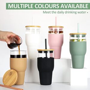 kytffu 32oz Glass Tumbler with Straw and Lid, Reusable Boba Smoothie Cup Iced Coffee Tumbler with Silicone Sleeve, Fits Cup Holder Glass Water Bottle BPA Free, Olive