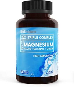 bioemblem triple magnesium complex | 300mg of magnesium glycinate, malate, & citrate for muscles, sleep, calm, & energy | high absorption | vegan, non-gmo | 90 capsules