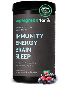 supergreen tonik 100% natural greens superfood powder – daily supplement with 38 superfoods, vitamins and minerals – supports energy, stress, sleep, immunity – 30 days 378 grams berry flavor (1 tub)