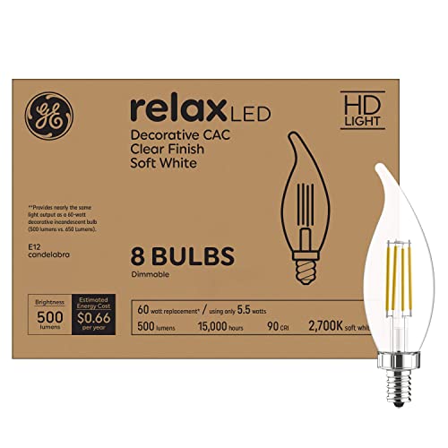 GE Relax LED Light Bulbs, 60 Watt Eqv, Decorative Clear Finish, Soft White, Small Base (8 Pack)