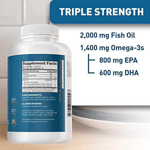 Dr. Tobias Omega 3 Fish Oil – Triple Strength Dietary Nutritional Supplement – Helps Support Brain & Heart Health, Includes EPA & DHA – 2000 mg per Serving,180 Soft Gel Capsules