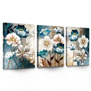 serimino 3 piece lotus flower canvas wall art for living room white and indigo blue floral picture wall decor for dining room bedroom bathroom kitchen print painting for home decorations