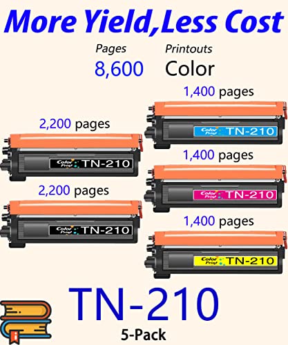 ColorPrint Compatible Toner Cartridge Replacement for Brother TN210 TN-210 TN210BK Work with DCP-9010CN HL-3070CW 3075CW 3040CN 3045CN MFC-9010CN 9125CN 9325CW Printer (2BK, 1C, 1M, 1Y, 5-Pack)