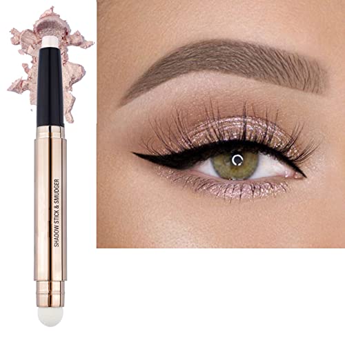 Eyeshadow stick and Sponge Makeup Brush, Smooth Cream Shimmer Shadow Pencil Long Lasting Waterproof Eye Shadow Highlighter Stick Makeup Hypoallergenic Highlighter Multi-Dimensional eyes Look