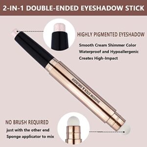 Eyeshadow stick and Sponge Makeup Brush, Smooth Cream Shimmer Shadow Pencil Long Lasting Waterproof Eye Shadow Highlighter Stick Makeup Hypoallergenic Highlighter Multi-Dimensional eyes Look