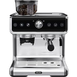 mueller premium espresso machine coffee maker with milk frother, coffee grinder, 15 bar, stainless steel, standard and bottomless portafilter, multiple filters, temp control, complete barista kit