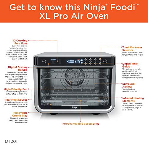 Ninja DT201 Foodi 10-in-1 XL Pro Air Fry Digital Countertop Convection Toaster Oven with Dehydrate and Reheat, 1800 Watts, Stainless Steel Finish