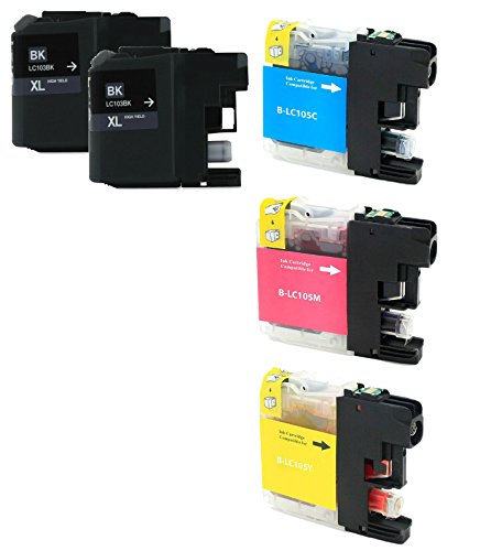 HouseofToners Compatible Ink Cartridge Replacements for Brother LC103BK & LC105 CMY (2 Black, 1 Cyan, 1 Magenta, 1 Yellow, 5-Pack)