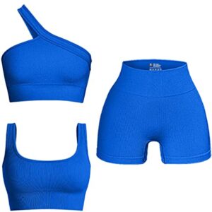 OQQ Women's 3 Piece Outfits Ribbed Seamless Exercise Scoop Neck Sports Bra One Shoulder Tops High Waist Shorts Active Set Blue