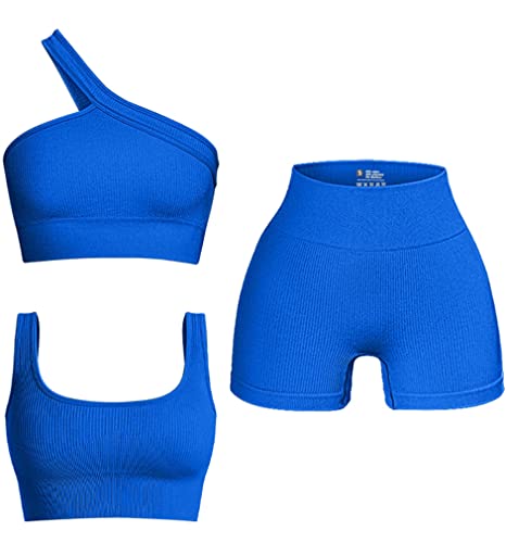 OQQ Women's 3 Piece Outfits Ribbed Seamless Exercise Scoop Neck Sports Bra One Shoulder Tops High Waist Shorts Active Set Blue