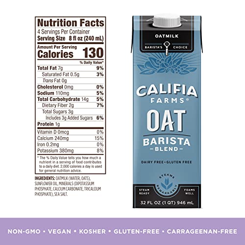 Califia Farms - Oat Barista Blend Oat Milk, 32 Oz (Pack of 6), Shelf Stable, Dairy Free, Plant Based, Vegan, Gluten Free, Non GMO, High Calcium, Milk Frother, Creamer, Oatmilk