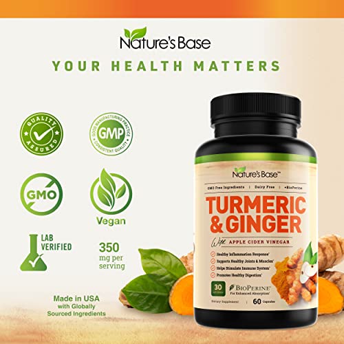 Turmeric Curcumin Supplement with Ginger & Apple Cider Vinegar, BioPerine Black Pepper, Tumeric & Ginger, 95% Curcuminoids & Joint Supplement, Antioxidant Tumeric Supplements Capsules, Nature's Base