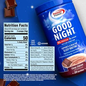 Premier Protein Good Night Protein Powder, Hot Cocoa Mix, 10g Protein, 0g Sugar, 11 Vitamins & Minerals, Nighttime Protein Blend, Magnesium, Zinc, 20 Serve, 1 Tub