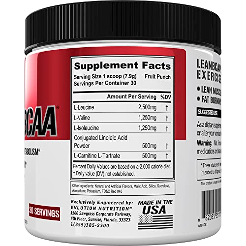 Evlution EVL LeanBCAA, BCAA’s, CLA and L-Carnitine, Stimulant-Free, Recover and Burn Fat, Sugar and Gluten Free, 30 Servings (Fruit Punch)