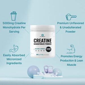 Creatine Monohydrate Powder 600 Grams (1.32lb), Unflavored | Pure | Micronized Creatine Powder, 5000mg(5g) Per Serving, 4 Month Supply, Vegan | Keto, Non-GMO, No Filler, No Additives - 120 Servings