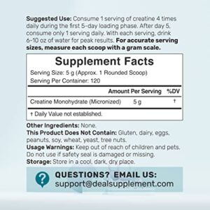 Creatine Monohydrate Powder 600 Grams (1.32lb), Unflavored | Pure | Micronized Creatine Powder, 5000mg(5g) Per Serving, 4 Month Supply, Vegan | Keto, Non-GMO, No Filler, No Additives - 120 Servings