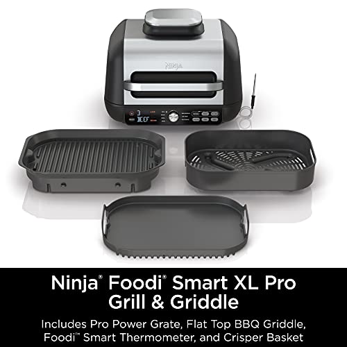 Ninja IG651 Foodi Smart XL Pro 7-in-1 Indoor Grill/Griddle Combo, use Opened or Closed, with Griddle, Air Fry, Dehydrate & More, Pro Power Grate, Flat Top Griddle, Crisper, Smart Thermometer, Black