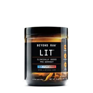 beyond raw lit | clinically dosed pre-workout powder | contains caffeine, l-citruline, and beta-alanine, nitrix oxide and preworkout supplement | icy fireworks | 30 servings