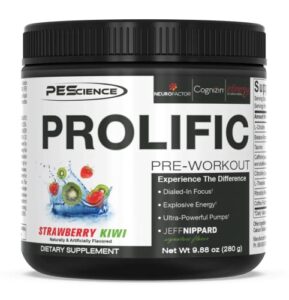 pescience prolific pre workout powder, strawberry kiwi, 40 scoop, energy supplement with nitric oxide