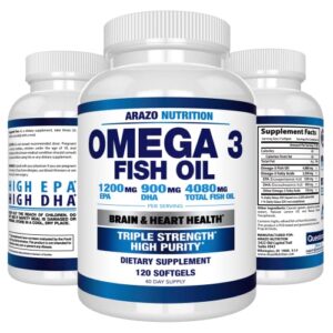 Arazo Nutrition Omega 3 Fish Oil 4,080mg - High EPA 1200mg + DHA 900mg Triple Strength Burpless Softgels (120 Soft Gels)