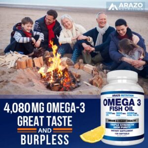 Arazo Nutrition Omega 3 Fish Oil 4,080mg - High EPA 1200mg + DHA 900mg Triple Strength Burpless Softgels (120 Soft Gels)