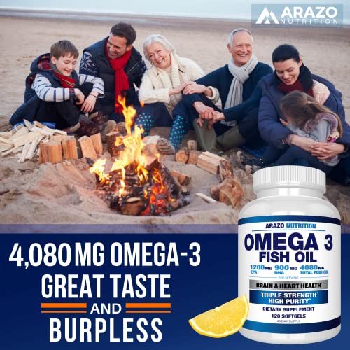 Arazo Nutrition Omega 3 Fish Oil 4,080mg - High EPA 1200mg + DHA 900mg Triple Strength Burpless Softgels (120 Soft Gels)