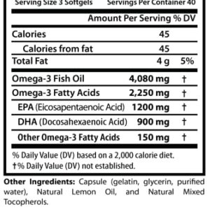 Arazo Nutrition Omega 3 Fish Oil 4,080mg - High EPA 1200mg + DHA 900mg Triple Strength Burpless Softgels (120 Soft Gels)