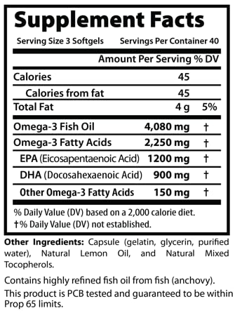 Arazo Nutrition Omega 3 Fish Oil 4,080mg - High EPA 1200mg + DHA 900mg Triple Strength Burpless Softgels (120 Soft Gels)