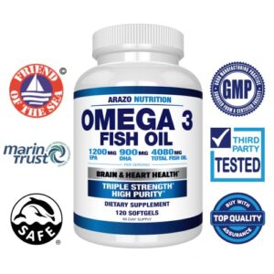 Arazo Nutrition Omega 3 Fish Oil 4,080mg - High EPA 1200mg + DHA 900mg Triple Strength Burpless Softgels (120 Soft Gels)