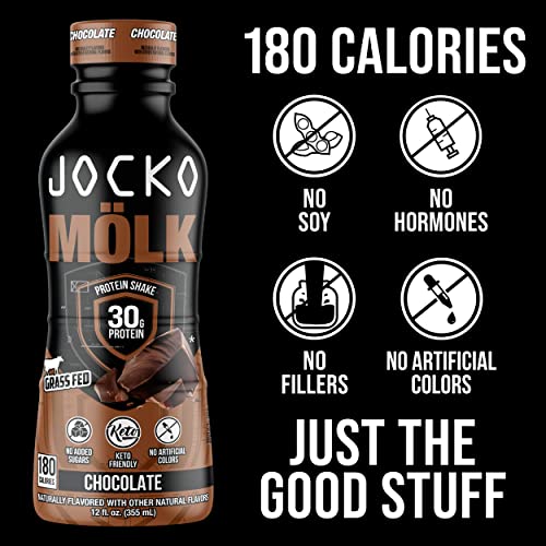 Jocko Mölk Chocolate Protein Shakes – Naturally Flavored Protein Drinks, KETO Friendly, No Added Sugar, 30g Grass Fed Protein - Protein Shakes Ready to Drink, 12 FL Oz, 12pk