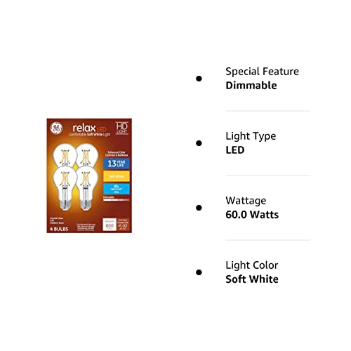 GE 51531 Relax LED A19 Crystal Clear 60 watt Equivalent Dimmable LED Light Bulb