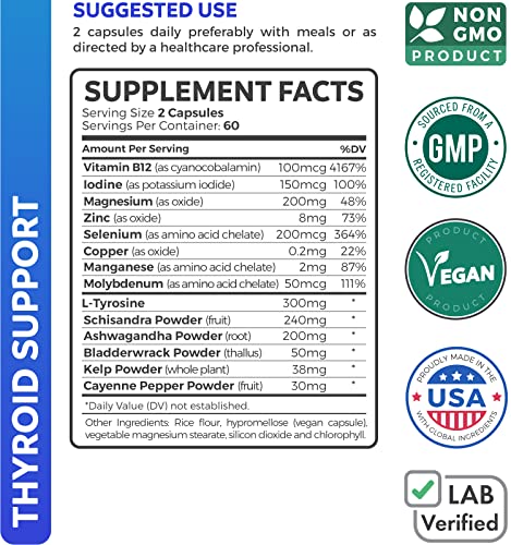 Thyroid Support with Iodine - 120 Capsules (Non-GMO) Improve Your Energy - Ashwagandha Root, Zinc, Selenium, Vitamin B12 Complex - Thyroid Health Supplement - 60 Day Supply