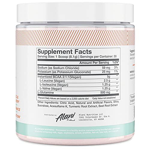 Alani Nu BCAA Branched Chain Essential Amino Acids Supplement Powder, Muscle Recovery Vitamins for Post-Workout, Sour Peach Rings, 30 Servings