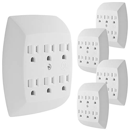 GE 6-Outlet Extender Wall Tap, 5 Pack, Grounded Adapter, Charging Station, 3-Prong, Secure Install, UL Listed, White, 54853