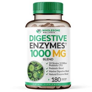 wholesome wellness digestive enzymes 1000mg plus prebiotics & probiotics supplement, 180 capsules, organic plant-based vegan formula for digestion & lactose with amylase & bromelain,1-2 month supply